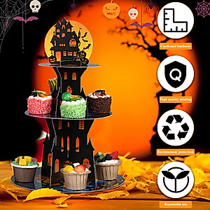 Nuenen Halloween Party Cupcake Stand Decorations, 3 Tier Happy Halloween Theme Party Cupcake Holder Tower Haunted Decor for Kids Halloween Day of the Dead Birthday Party Display Supplies