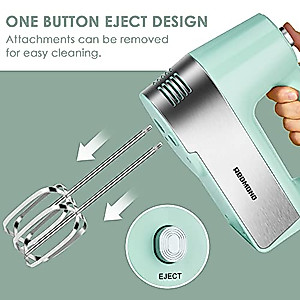 REDMOND Hand Mixer Electric, 5-Speed Hand Mixer with Measuring Storage Case, Kitchen Handheld Mixer Includes Dough Hooks, Whisk and Beaters for Cream, Cake, Cookies, Eggs 250W Hand Mixer with Measuring Box, HM018 Mint Green