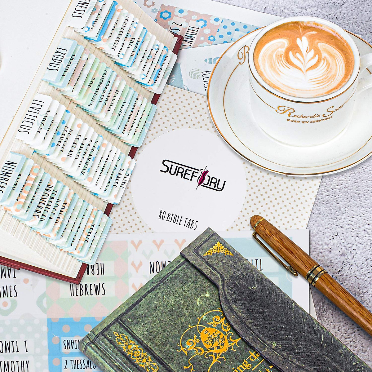 SUREFORU Bible Tabs Old and New Testament, Large Print and Easy-to-Read Bible Journaling Supplies, Personalized Bible Tabs for Women, Paper labels, Laminated 80 Bible Index Tabs (66 Books, 14 Blanks).
