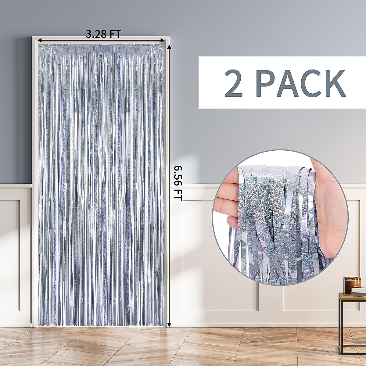RUBFAC 2 Pack Shimmer Silver Backdrop Party Decorations Foil Fringe Curtains Tinsel Metallic Streamers Photo Booth Streamer for Bachelorette Wedding Engagement Baby Shower Birthday Party Supplies
