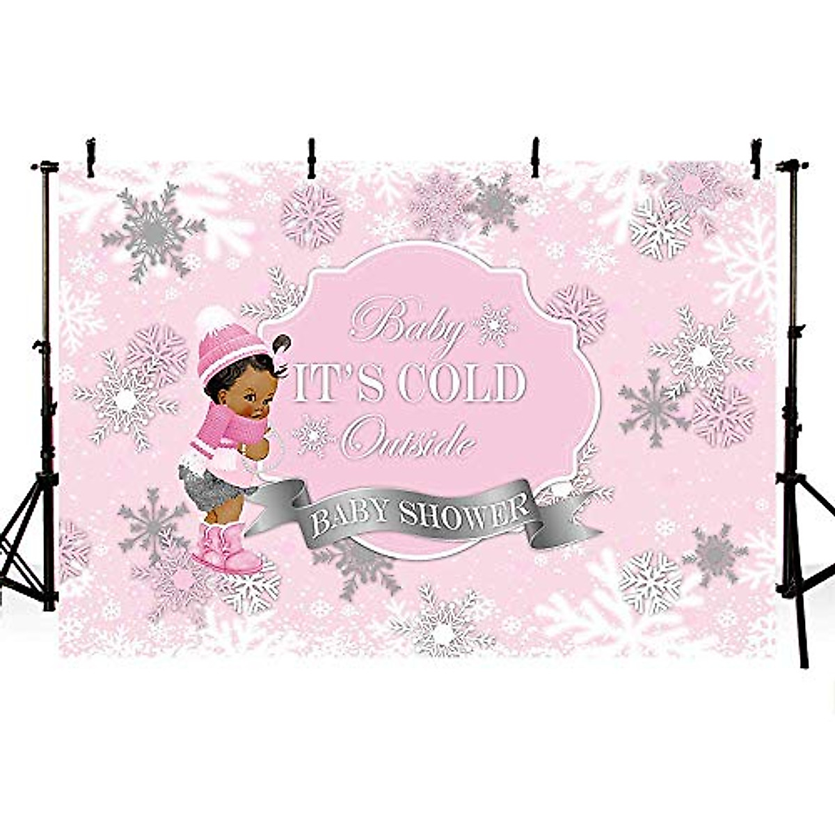 MEHOFOTO Winter Wonderland Girl Baby Shower Photography Studio Background Party Decor Silver Snowflake Pink Little Princess Baby It's Cold Outside Banner Photo Backdrop Banner 7x5ft