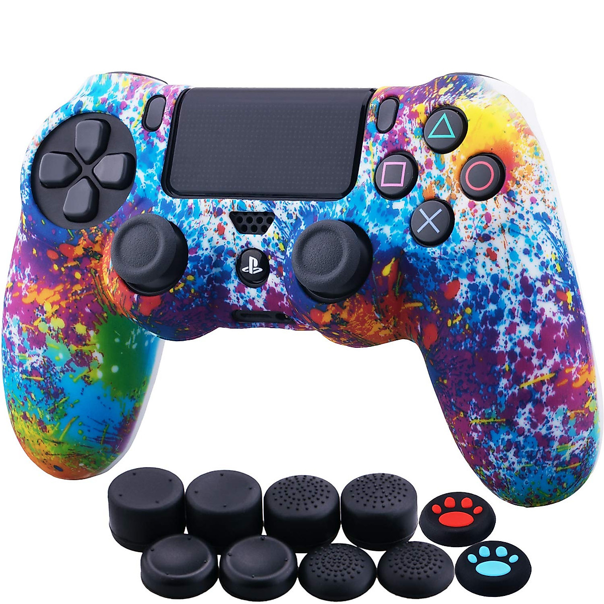 YoRHa Water Transfer Printing Camouflage Silicone Cover Skin Case for Sony PS4/slim/Pro Dualshock 4 Controller x 1(Spashing Paint) with Thumb Grips x 10