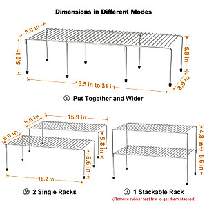 WOSOVO Set of 2 Kitchen Cabinet Organizer and Storage Shelves Stackable Expandable Storage Racks with Anti-Slip Liners for Cabinet Pantry, Silver