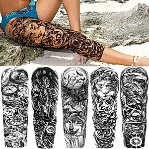 FANRUI 24 Sheets Cool Super Large Full Arm Temporary Tattoo Sleeve For Men with 8 Sheets For Women Thigh, 16 Sheets Flower Eagle Compass Adults Tribal Tiger Tatoo