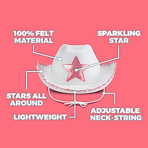 White Cowgirl Hat - (pack Of 2) Adult Size Pink Star Cowboy Hats For Women With Sequin Trim Fringe, Adjustable Neck Drawstring, White Cowboy Hat For Costume Party, Play Dress-up Fits Most Women