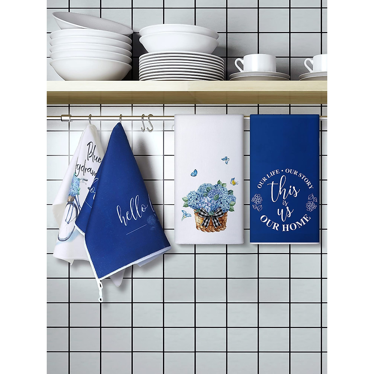 Geyoga 6 Pcs Kitchen Towels Blue Hydrangea Hand Towels Butterfly Kitchen Dish Towels Microfiber Drying Towels for Kitchen Bathroom Party Wedding Home Decorations (15.7 x 23.6 Inch)