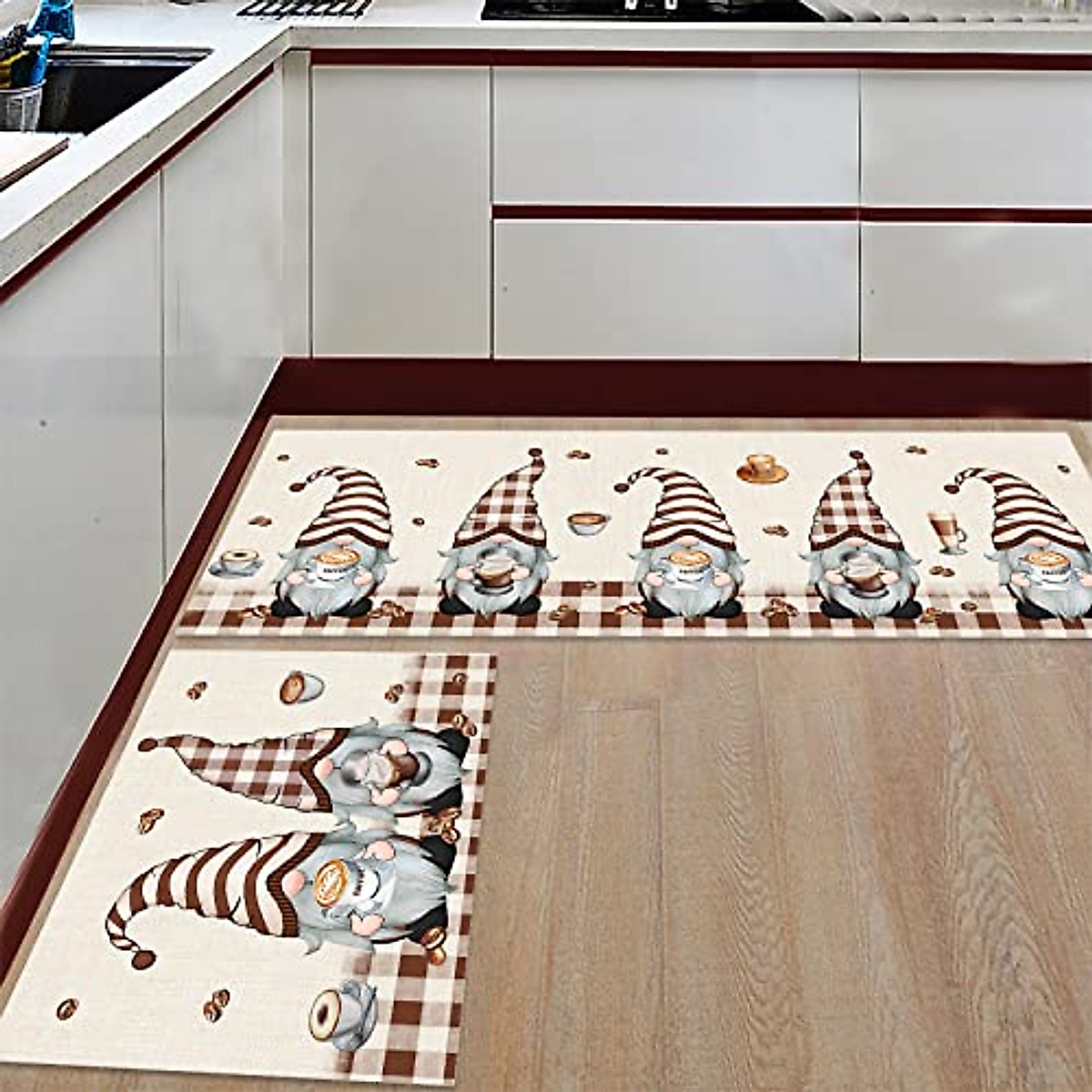 Kitchen Rugs Set 2 Pieces, Coffee Gnome Coffee Beans with Brown Plaid Rustic Cotton Linen Cushioned Kitchen Rug Floor Mat for Kitchen Bath,Non Slip Runner Rugs Standing Mat 15.7"x23.6"+15.7"x47.2"