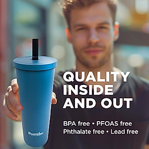 Stainless Steel Bubble Tea Cup - Bumbler 24oz Large Reusable Eco-Friendly Tumbler with Wide Soft Tip Metal Straw, Leak-Proof Lid - for Boba, Smoothies, Iced Coffee, Hot or Cold Drinks - Blue Eclipse