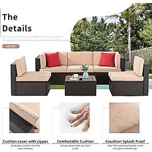 Shintenchi 6 Pieces Patio Furniture Sets Outdoor All-Weather Sectional Patio Sofa Set PE Rattan Manual Weaving Wicker Patio Conversation Set with Glass Table&Ottoman Cushion and Red Pillows, Neutral