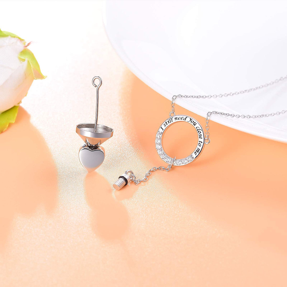 S925 Sterling Silver Heart Cremation Urn Necklace for Ashes Jewelry Memorial Circle Pendant Necklace with CZ I Still Need You Close to Me for MomDadGrandmaGrandpa (Purely Love), 1.06 * 0.79