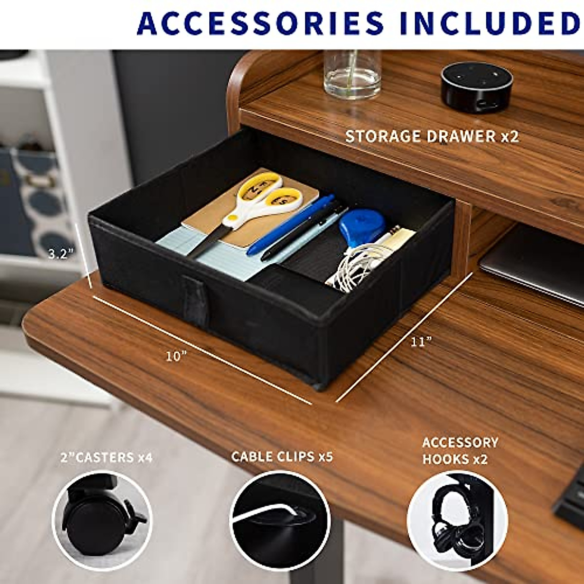 VIVO Electric 2-Tier Height Adjustable 60 x 24 inch Stand Up Desk, Mobile Table with Storage Drawers, Standing Workstation with Memory Controller, Casters, Dark Walnut Top, Black Frame, DESK-E-Y60SD