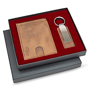 Blacaro - Fotenza Classic Leather Bifold Wallet for Men With ID Window - RFID Blocking - Keychain - Smart Design - Gift Box Wallet (Saddle)