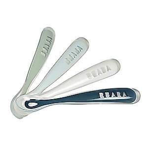 BEABA Baby's First Foods Spoon Set, Original Silicone Baby Spoons, Baby Essentials, Baby Spoons, Pack of 4 Baby Gift Set, BPA Lead & Phthalate Free, Rain
