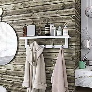 SMIBUY Coat Hooks with Shelf Wall-Mounted, 29.2 Inch Entryway Coat Rack for Wall, Bamboo Hanging Shelf with 5 Double Metal Hooks for Bathroom, Bedroom, Kitchen, Living Room, Mudroom (White)