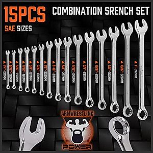 HORUSDY 15-Piece SAE Wrench Set, V Notch Premium Combination Wrenchs Set, SAE 1/4" to 1", Max Torque, 12-Point, Chrome Vanadium Steel, with Storage Rack