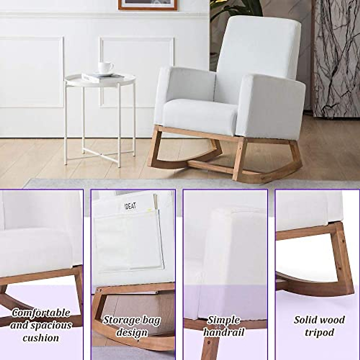 Paddie Rocking Chair Nursery Glider Rocker Chair Tall Back Upholstered Accent Armchair for Living Room Bedroom Office