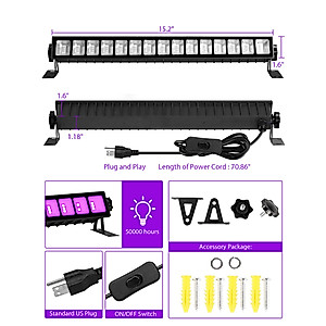Upgraded 36W LED Black Light Bar, Premium LED Blacklight Flood Light with Plug+Switch+5ft Cord, Light Up 21x21ft Area, for Halloween Glow Fluorescent Party Bedroom Game Room Body Paint Stage Lighting