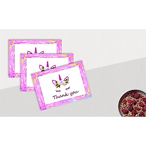 Unicorn Thank You Cards - 4x7 Inches of 50 Purple and Pink Unicorn Design Blank Card Notes with Envelopes - Perfect for Kids and Birthday Parties, Write Happy Gift-Notes for Baby, Graduation, Weddings