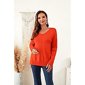 MicroStar Women's Spring Casual Lightweight V Neck Batwing Long Sleeve Knit Top Loose Pullover Sweater Orange