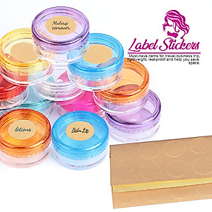 HNYYZL 50 Pack Sample Container, 5g Empty Cosmetic Containers Plastic Travel Pot Jar for Liquid Lotion Cream Sample Make-up Storage(10 Colors, 5ML), Come with 10pcs Mini Spatulas and 50pcs Labels