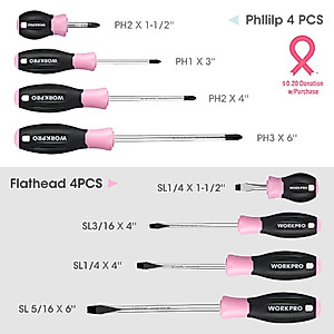 WORKPRO Pink Cordless 20V Lithium-ion Drill Driver Set & 8 Piece Magnetic Screwdrivers Set- Pink Ribbon