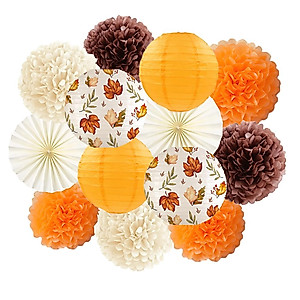 Fall Party Decorations 13Pcs Maple Leaves and Orange Paper Lattern, Orange and Beige Pom Poms for Fall Harvest Thanksgiving Bridal Show Wedding Autumn Birthday Party Supplies