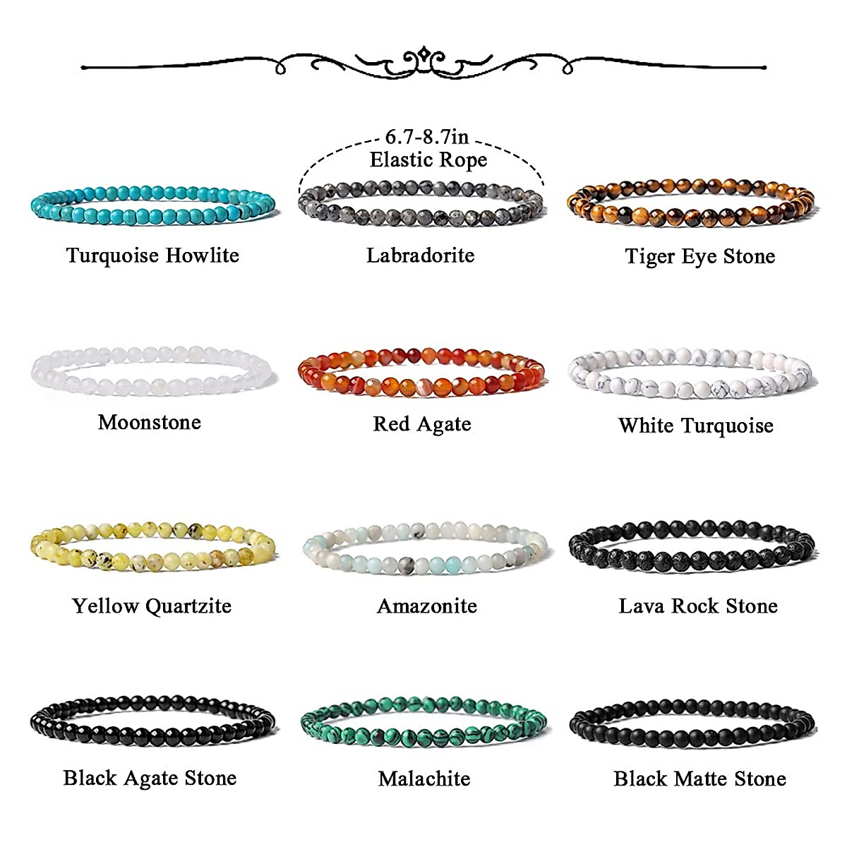 XIMEO 12Pcs 4mm Mini Semi Precious Gemstone Energy Bracelets - Tiny Round Beads Stretch Bracelet Natural Stone Healing Crystal Statement Bracelet for Men Women Unisex