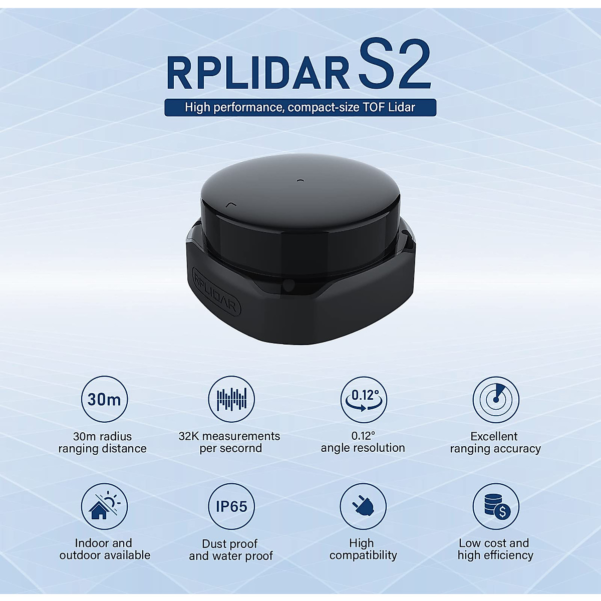 youyeetoo RPLIDAR S2 Lidar Sensor Scanner, 30 Meter (98ft) 360° DTOF Laser Range, 32000 Sample Rate, IP65 Support Indoor Outdoor Robot