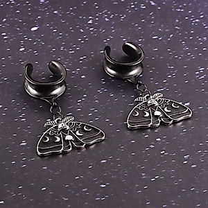 DOEARKO 2PCS Black Butterfly Dangle Saddle Ear Plugs Body Piercing Tunnels 316 Stainless Steel Hypoallergenic Earrings Plugs for Ears Expander Body Jewelry (10mm(00G), Black)
