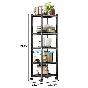 PXRACK 5 Tie Storage Shelves, Metal Heavy Duty Shelf for Storage with Wheels Adjustable Shelving Storage for Garage Bathroom Kitchen, Narrow Storage Racks Organizer Corner Shelf 12.2”*16.73”*59.45”