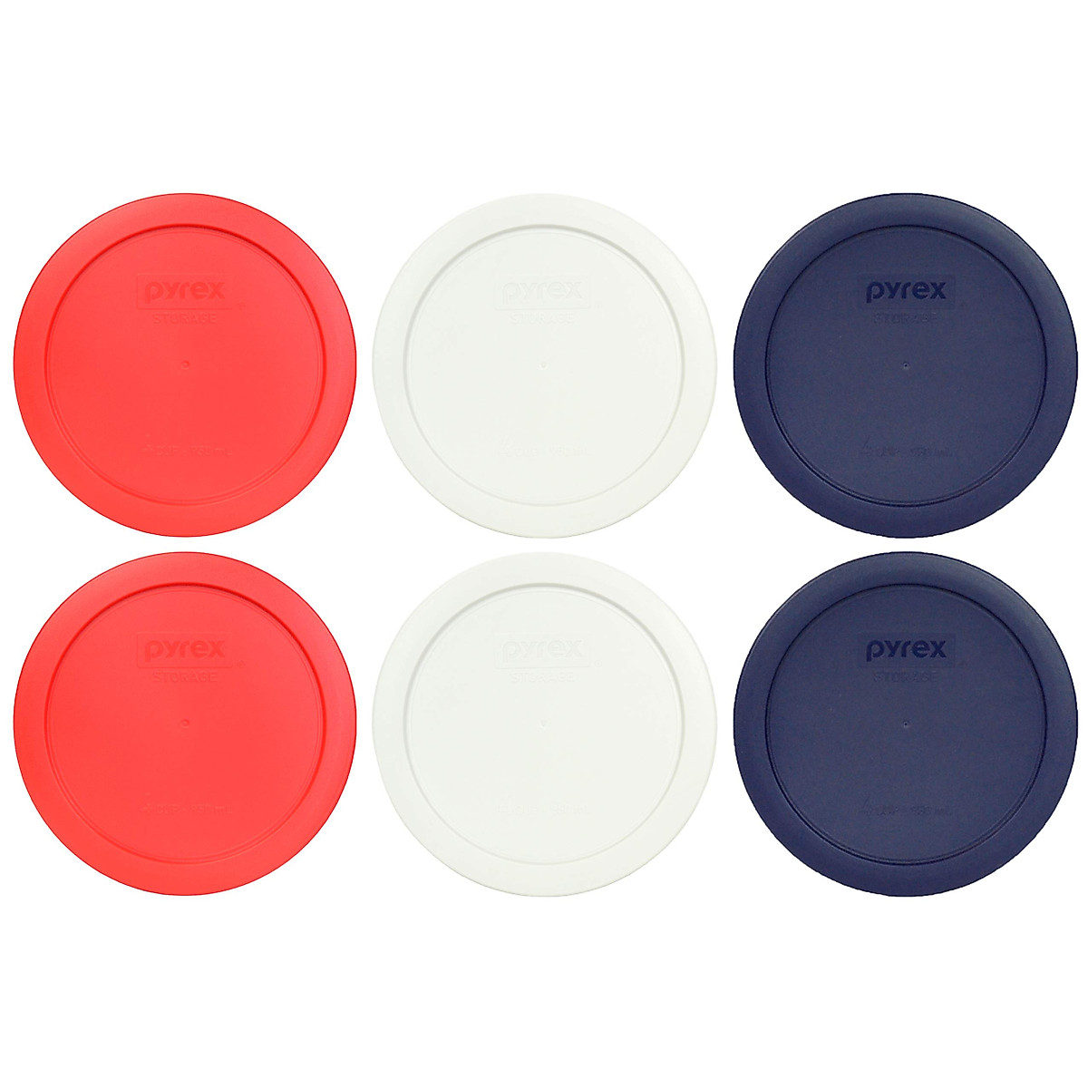 Pyrex 7201-PC 4 Cup (2) Red (2) White (2) Dark Blue Round Plastic Lids - 6 Pack Made in the USA
