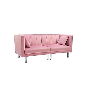 Cotoala Catalina Convertible Futon Sofa Bed, Modern Velvet Tufted Upholstered Loveseat Folding Couch with 2 Pillows and Metal Legs, Adjustable Backrest and Detachable Armrests, Pink