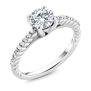 925 Sterling Silver Solitaire with Accent Stones Lab Grown Diamond Engagement Ring Forever Brilliant Round 1.38cttw Moissanite by Charles & Colvard (Size 8)