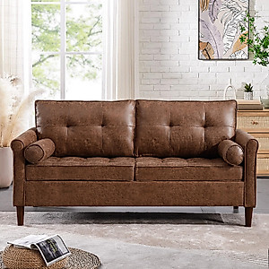 GEEVIVO Loveseat Sofa, Mid-Century Modern Small Couch, PU Leather Comfy Love Seat Sofa, Upholstered Mini Sofa with Back Cushions Rolled Armrest for Living Room, Bedroom, Office Apartment, Small Space