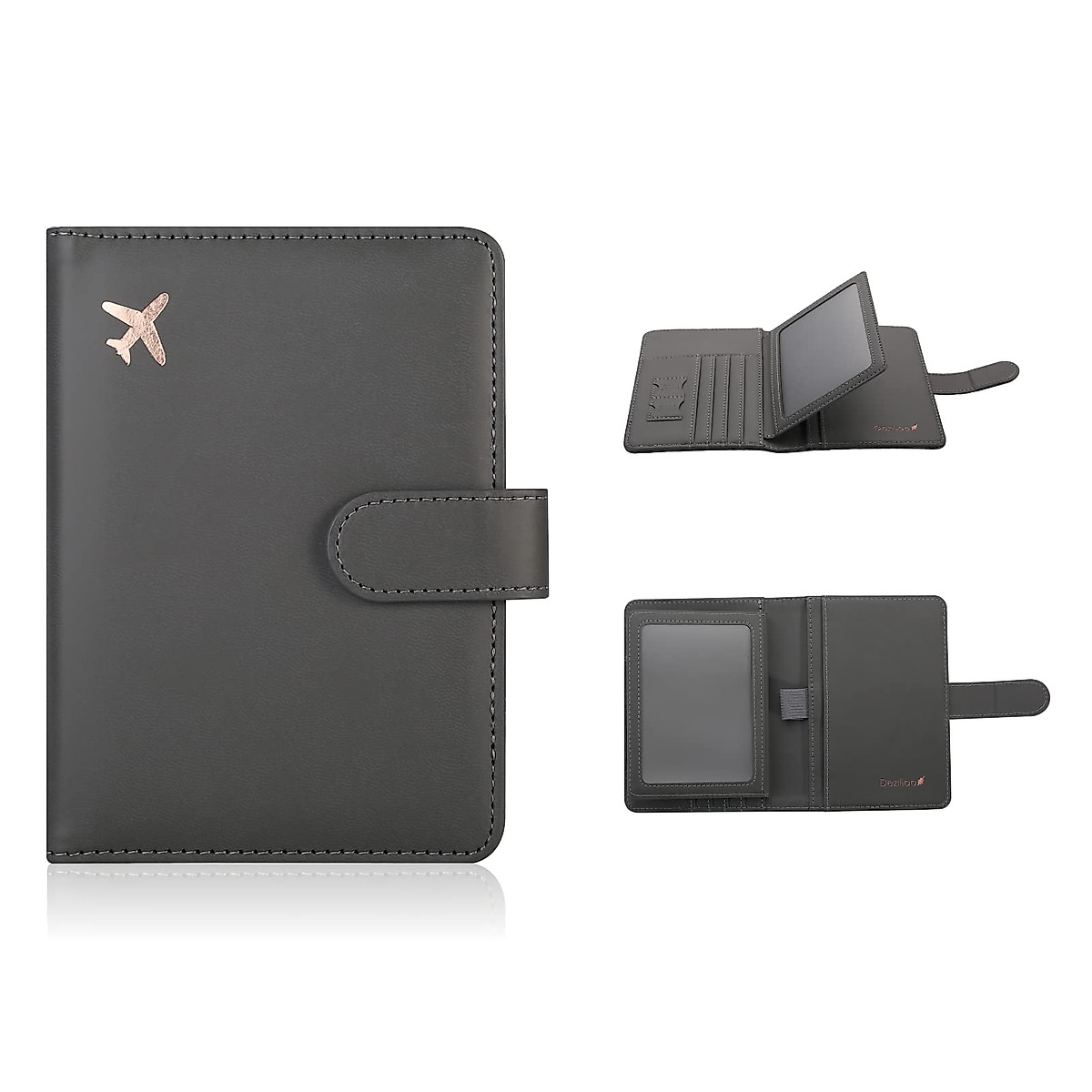 Deziliao Passport and Vaccine Card Holder Combo, PU Leather Passport Holder with Vaccine Card Slot, Passport Wallet for Men and Women (Gray-fly)