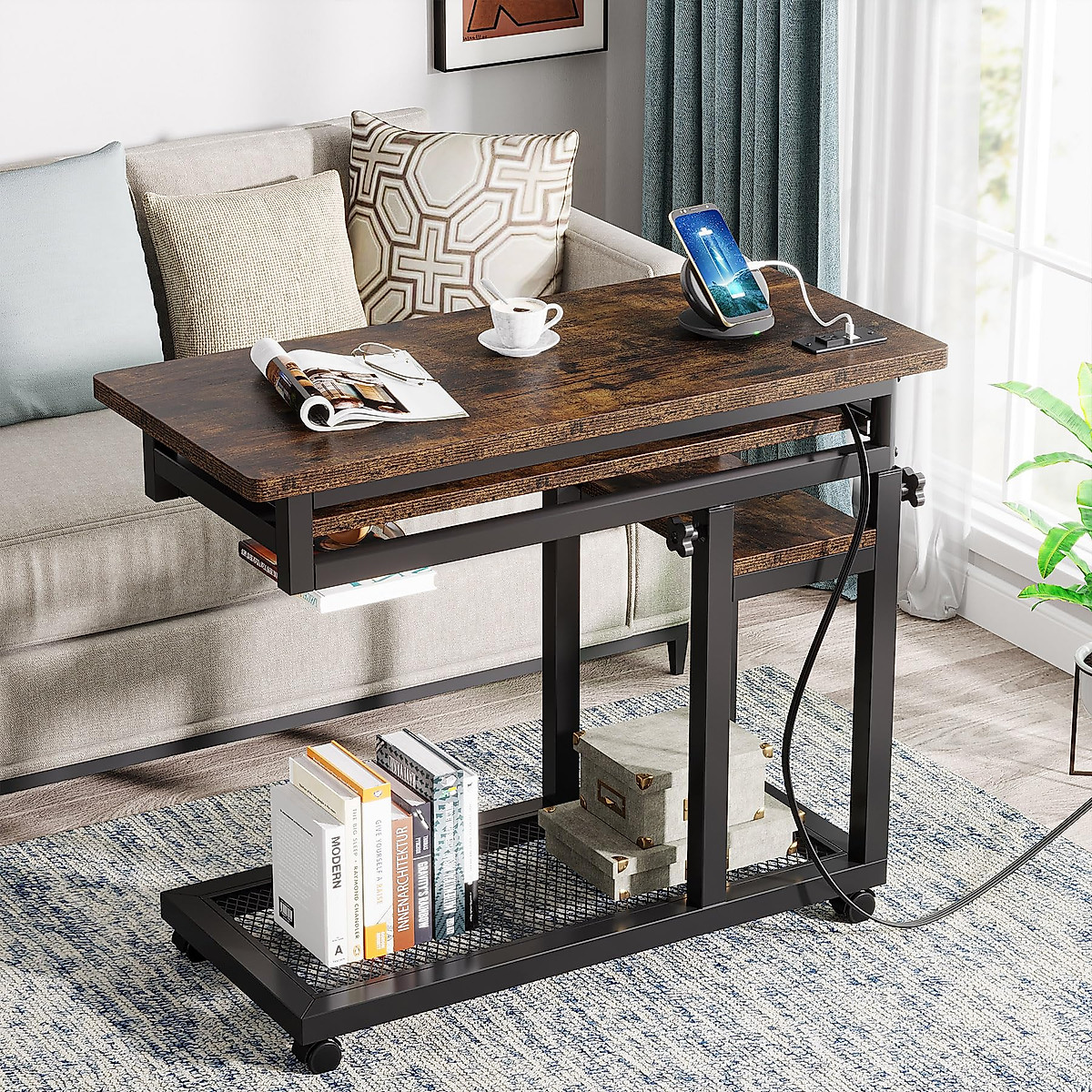 LITTLE TREE Rolling C Side Table Portable Desk with Power Outlet, Small, Brown