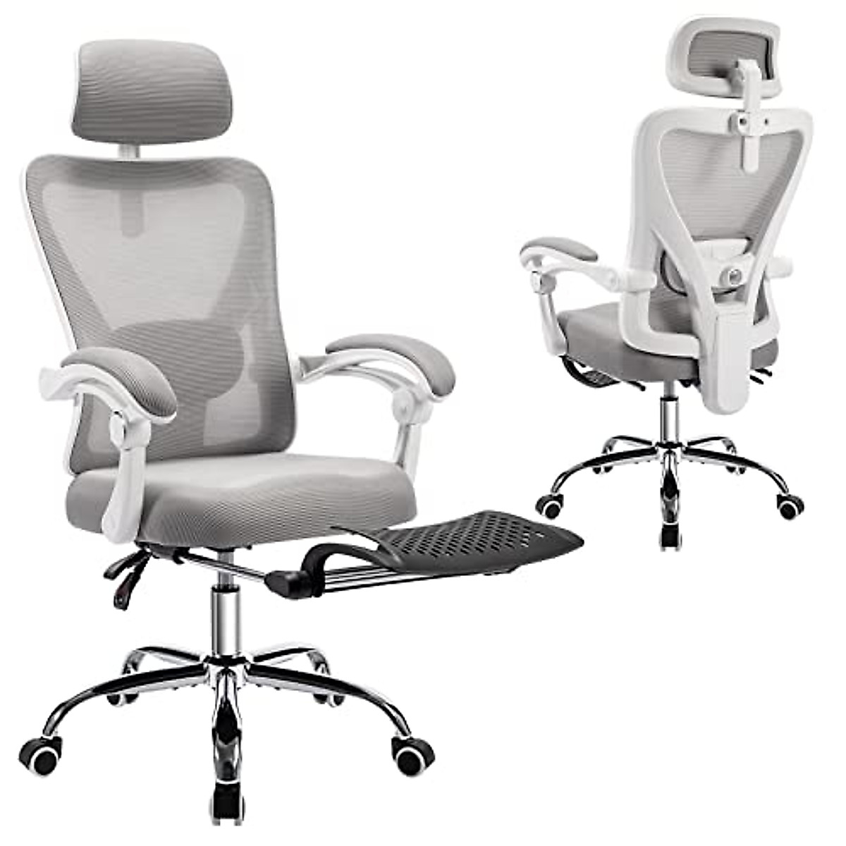 ACCHAR Ergonomic Office Chair, Reclining Mesh Chair, Computer Desk Chair, Swivel Rolling Home Task Chair with Padded Armrests, Adjustable Lumbar Support and Headrest (Grey with Footrest)