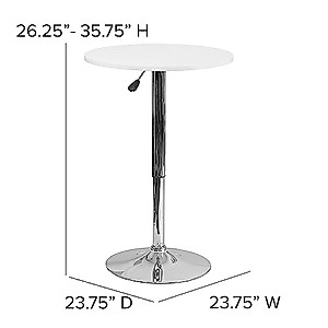 Flash Furniture Pearl 23.75'' Round Wood Dining Table with Chrome Base, Narrow Round Wood Cocktail Table, Adjusts 26.25'' - 35.75"H, White/Silver