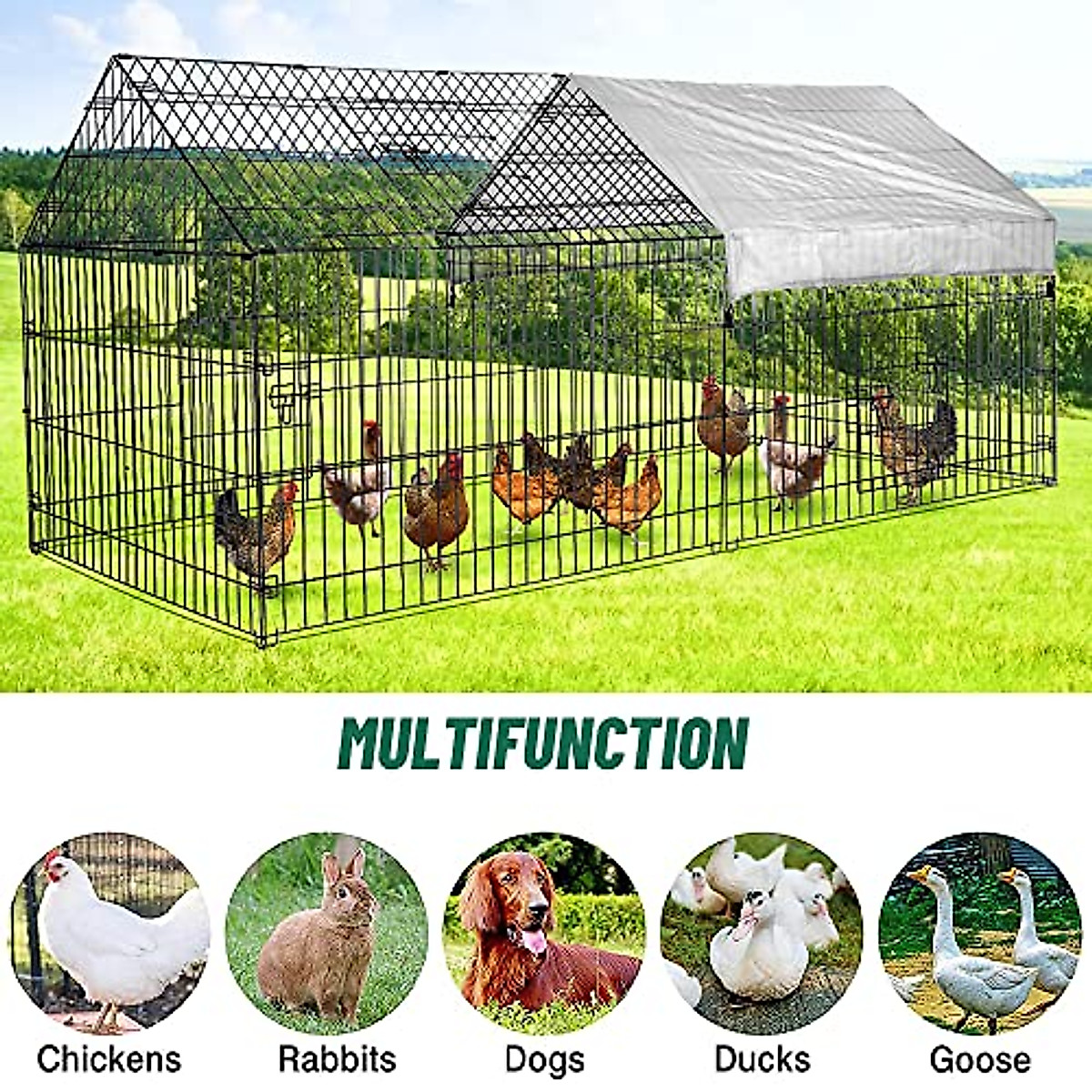 PawGiant Chicken Coop Chicken Run Pen for Yard with Cover 86"×40"×39" Outdoor Metal Portable Chicken Tractor Cage Enclosure Crate Outside for Small Animals Duck Rabbit Hen