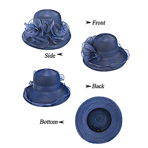 Wide-Brim-Kentucky-Hat Sun-Hat for Womens Foldable UV-Protection Summer-Derby-Tea-Party-Fascinator-Hats(M/L) Navy