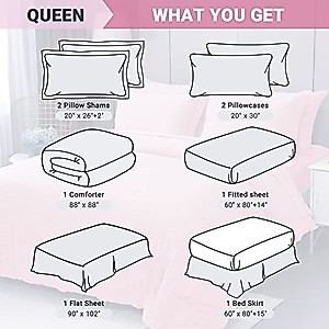 HYMOKEGE Pink Queen Comforter Set Seersucker 8 Pieces, All Season Luxury Bed in a Bag for Bedroom, Bedding Set with Comforters, Sheets & Skirt, Pillowcases & Shams