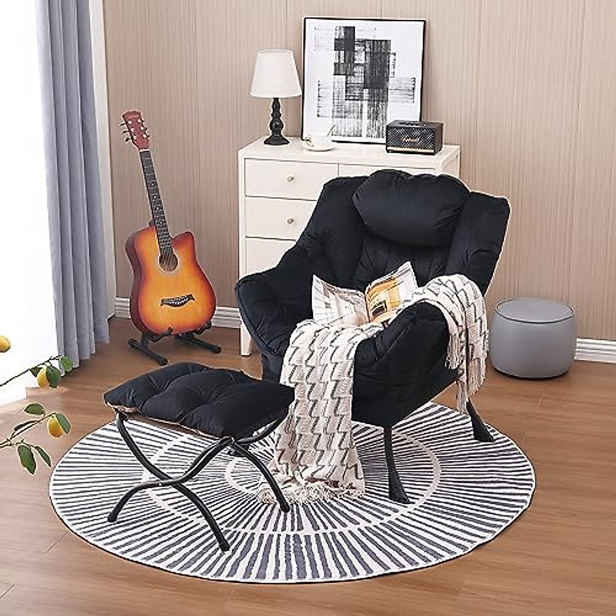 Givjoy Lazy Chair and Ottoman, Large Accent Lounge Chair with Armrests and a Side Pocket, Modern Leisure Upholstered Sofa Reading Armchair with Footrest for Bedroom, Living Room, Dorm Rooms, Office