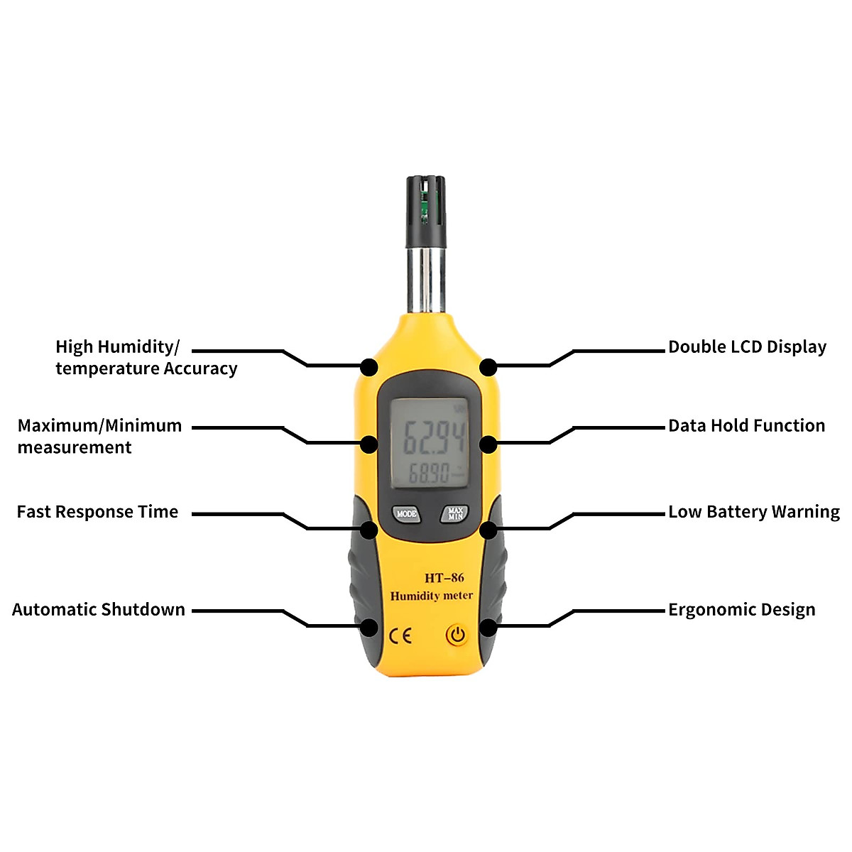 HT-86 Temperature Humidity Meter 2 in 1 Portable Digital Hygrometer Thermometer Humidity Gauge Monitor Indoor Outdoor with Wet Bulb Dew Point Double Display for Industry Agriculture Meteorology