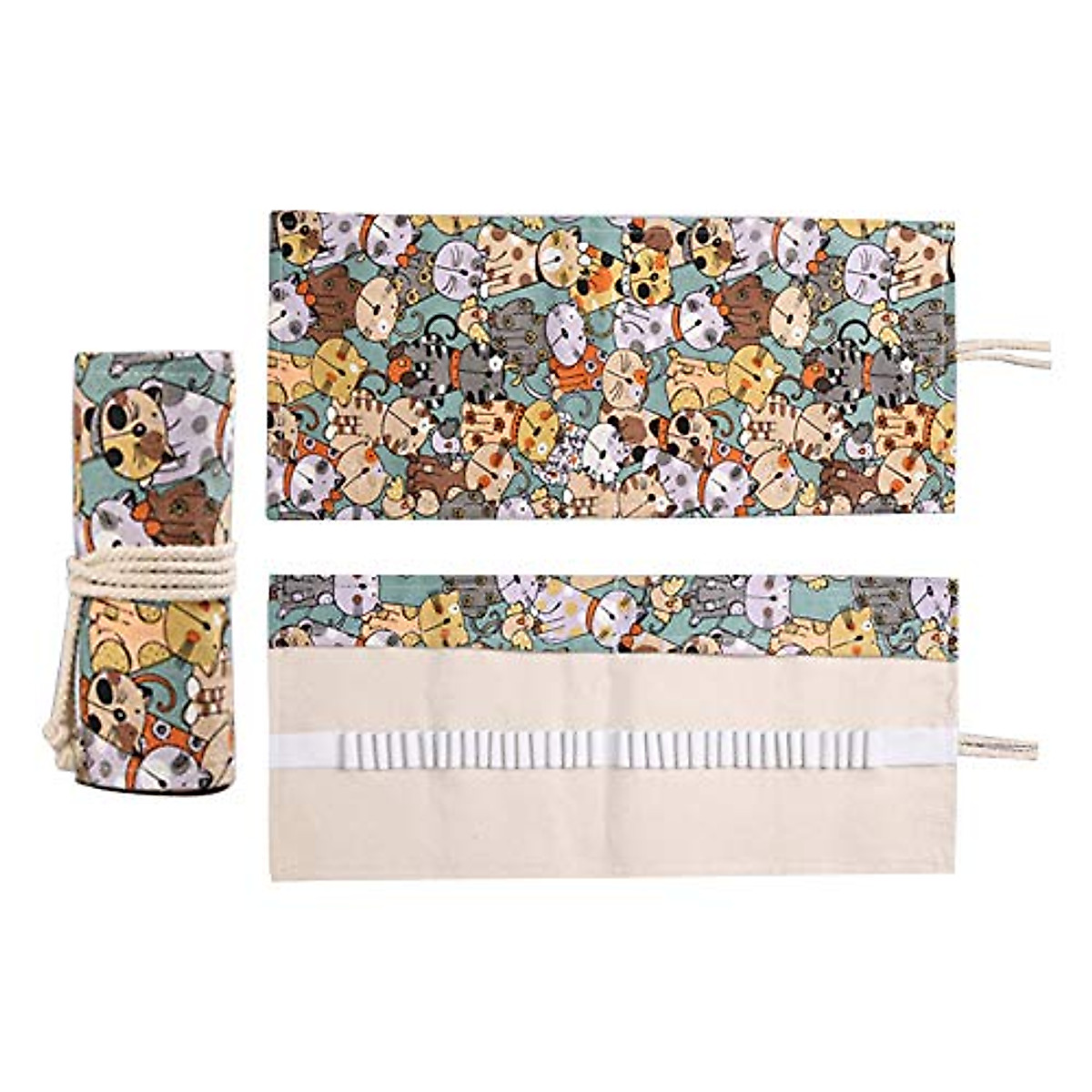Canvas Pencil Roll Wrap 12/24/36/48 Holes, Multiuse Cartoon Cat Roll Up Pencil Case Large Capacity Pen Curtain for Coloring Pencil Holder Organizer