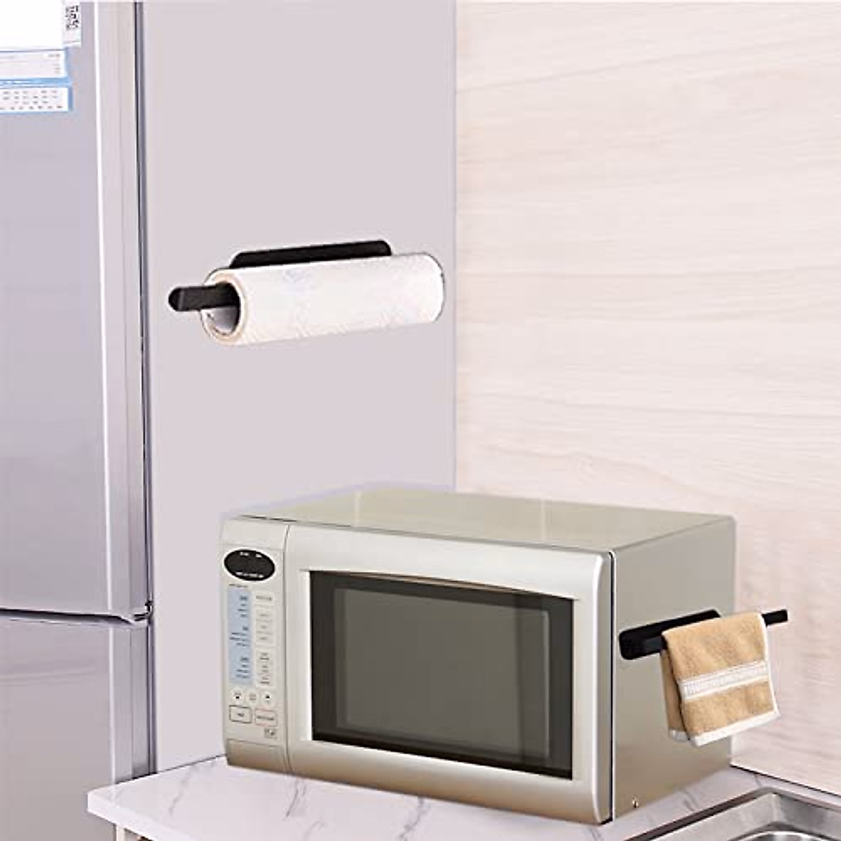 Magnetic Paper Towel Holder Black, Kitchen Towel Holder for Refrigerator Microwave Oven, Camping Paper Towel Rack for Toolbox Grill, Stainless Steel Paper Towel Stand with Strong Magnet, No Drilling
