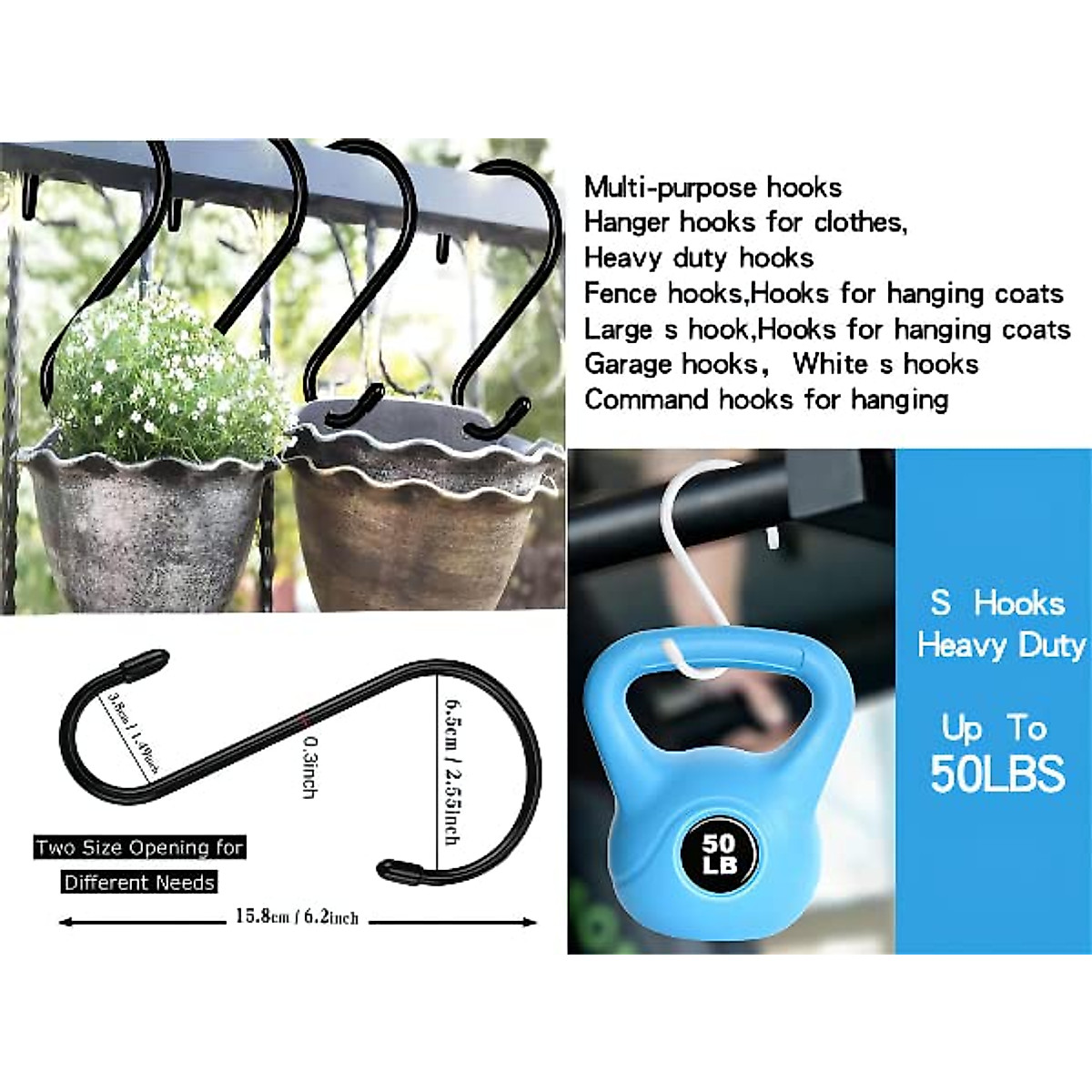 Weixinghera Hooks, S Hooks, Anti-Slip Heavy Duty S-Hook, S Hooks for Hanging, Small and Large Sizes Black Hanging Hooks , Suitable for use in Kitchens, Dormitories, Gardens, Camping, etc.