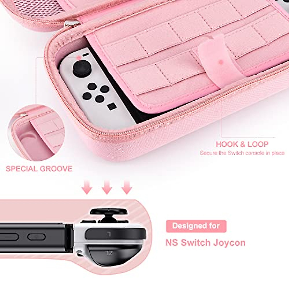 innoAura Switch OLED Accessories Bundle 18 in 1 Switch Bundle with Switch Case, Switch Game Case, Switch OLED Screen Protector, Switch Stand, Switch Thumb Grips (Pink)