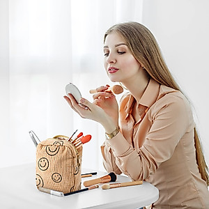 Photect 3 Pcs Corduroy Cosmetic Bag Smile Face Aesthetic Preppy Pouch Travel Makeup Bags for Christmas Women Holiday Organizer Gifts(Stylish,White, Gray, Yellow)