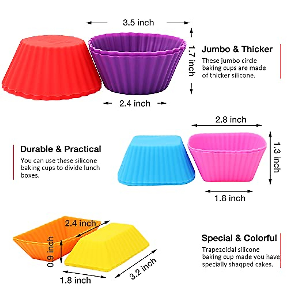 Wisehold 24PCS Silicone Lunch Cups, 3 Shapes of Large Silicone Cupcake Liners, Reusable Silicone Baking Cups, Multisize Silicone Muffin Cups for Lunch Box Dividers