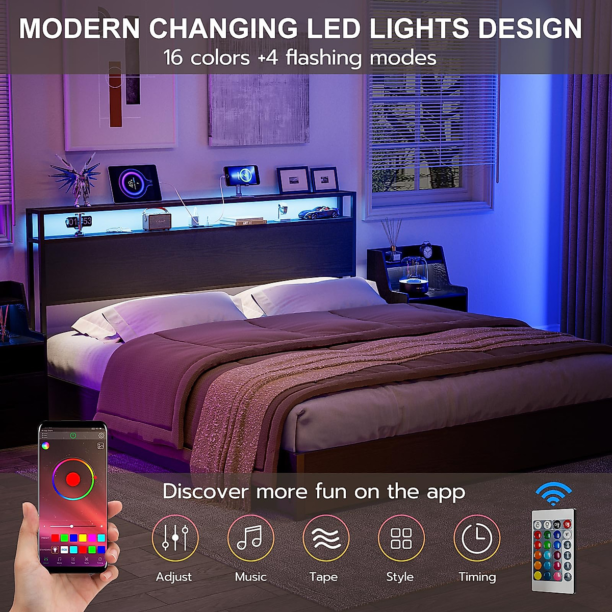 IKIFLY King Size Storage Headboard with LED Lights & Charging Station - Industrial Metal and Wood King Headboard Only for Bedroom, Attach Frame, Easy Assembly - Black